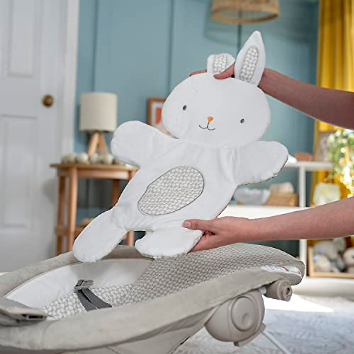 Ingenuity InLighten Baby Bouncer Infant Seat with Light Up -Toy Bar, Vibrations, Tummy Time Pillow & Sounds, 0-6 Months Up to 20 lbs (Twinkle Tails Bunny)