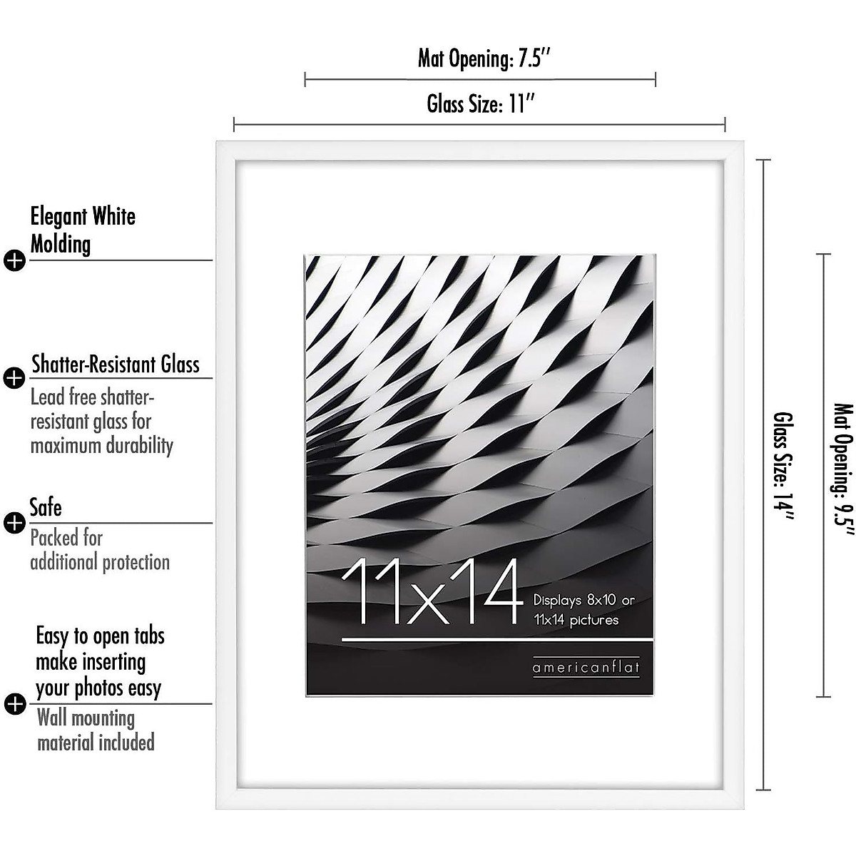 Americanflat 11x14 Picture Frame with Shatter-Resistant Glass - Use as 8x10 Frame with Mat or 11x14 Frame Without Mat - Streamline Collection - Thin Photo Frame for Wall Display - White