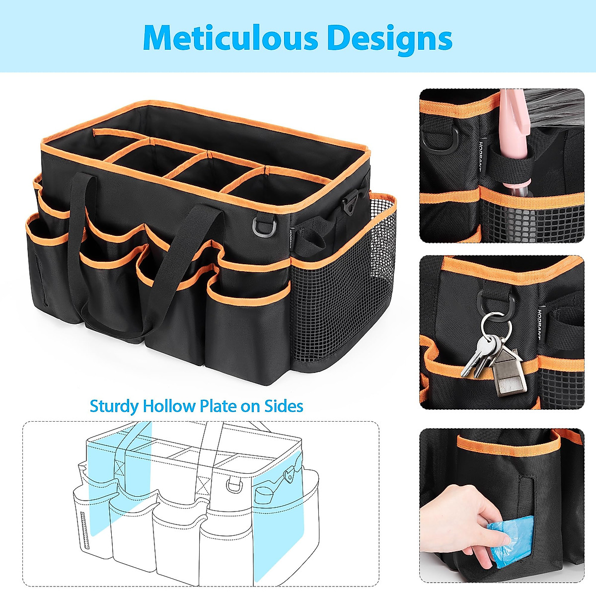 HODRANT Extra-large Wearable Cleaning Caddy, Cleaning Organizer Bag for Cleaning Products, Housekeeper Tote with Pad, Handle, Car Wash Tools Bag for Detailing Supplies, Bag Only, Orange Edge