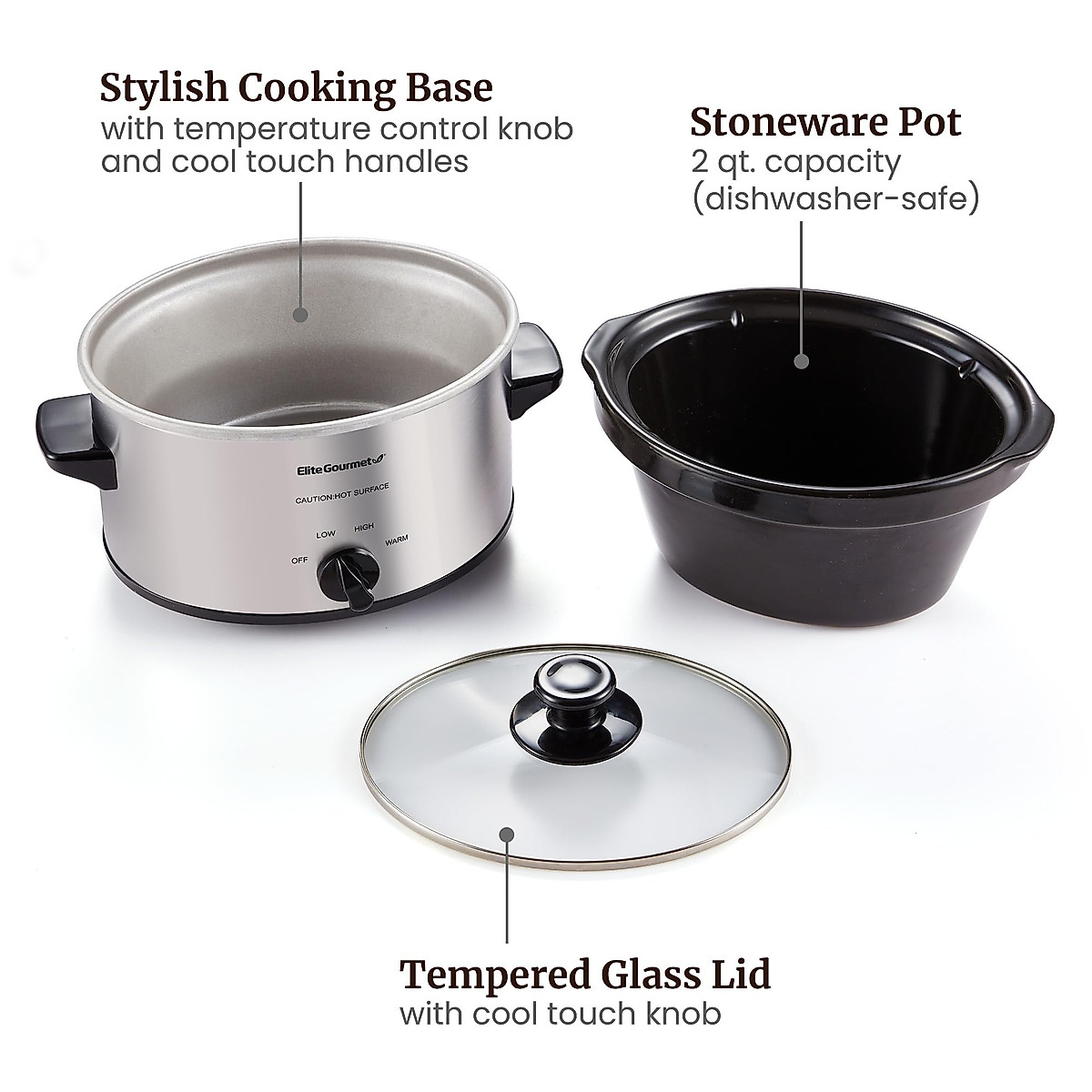 Elite Gourmet MST-275XS Electric Oval Slow Cooker, Adjustable Temp, Entrees, Sauces, Stews & Dips, Dishwasher Safe Glass Lid & Crock (2 Quart, Stainless Steel)