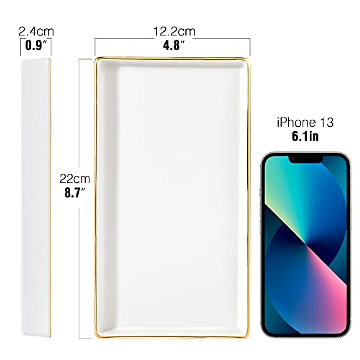 Luxspire Bathroom Vanity Tray, Ceramic Decorative Tray Jewelry Counter Storage Organizer, Gold Edged Dresser Kitchen Sink Tray for Perfume Candle Holder Bathroom Accessories -S- Matte White