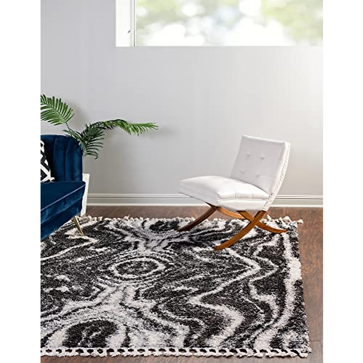 Unique Loom Hygge Shag Collection Area Rug - Valley (7' 10" Square, Black and White/Gray)
