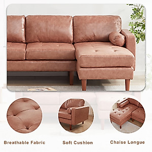 Tbfit 80"W Sectional Sofa Couch, L Shaped Couch with Reversible Chaise, Mid Century Modern Faux Leather Couches for Living Room Apartment Small Space, Convertible Sofa with Tufted Seat Cushion, Brown