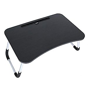 Folding Bed Tray Lazy Desk Portable Serving Tray Computer Desk Corner Table Laptop PC Computer Desk with Storage Drawer Work Desk with Slot Lap with Water Bottle Holder (Color : Black)