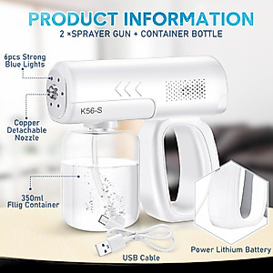 Qualirey 2 Pack Rechargeable Atomizer Sprayer Gun Handheld Nano Spray Cordless Steam Large Capacity Electric Fogger Machine for Car School Home Hotel, 1200mAh