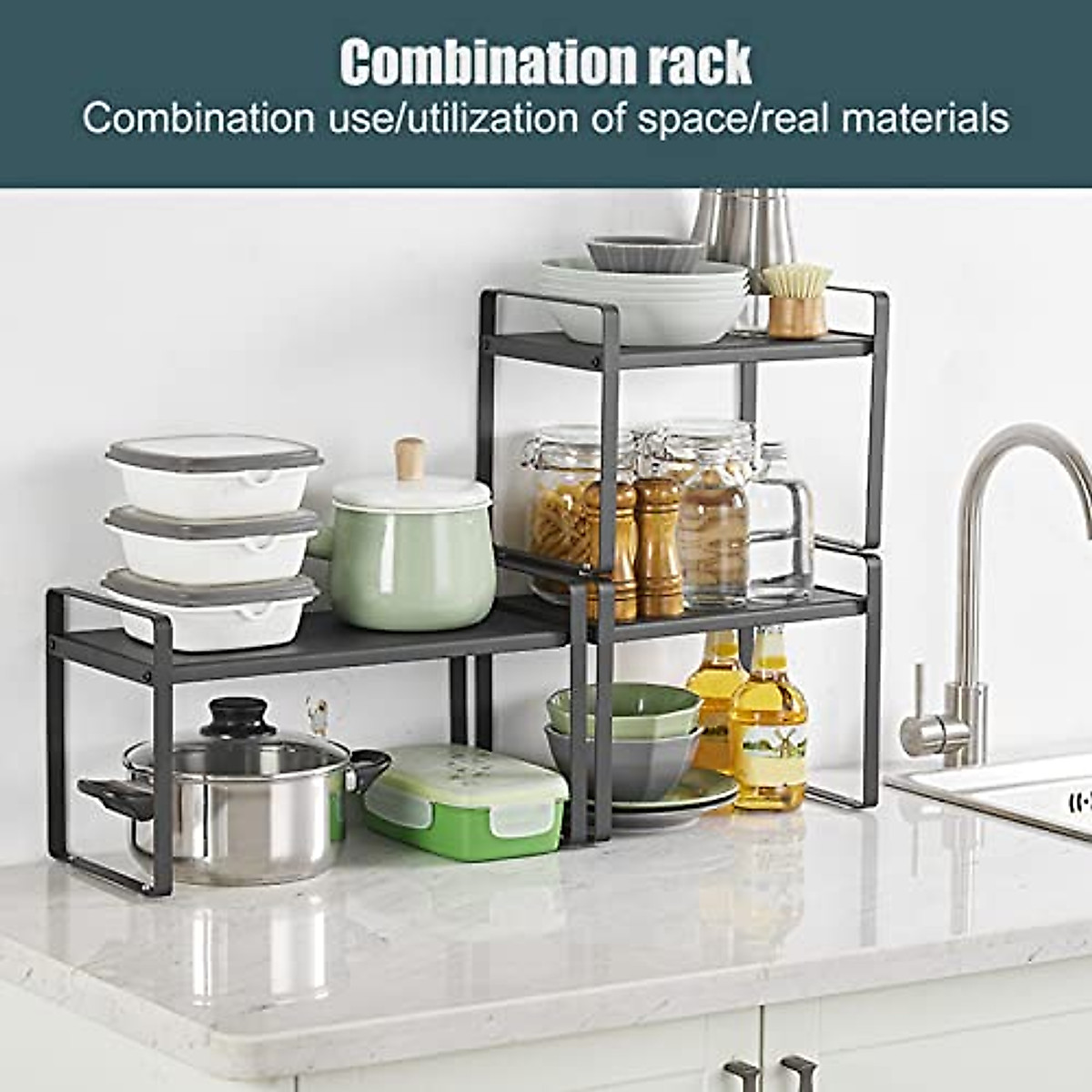 Expandable Cabinet Organizer Under Sink Storage Shelf Flexible Kitchen Cupboard Organizer Multifuncitonal Counter Pantry Storage Organization, Black