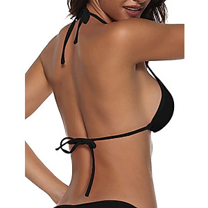 Suvimuga Women's Triangle Bikini Top Push up Padded Halter String Bathing Suits Top Black XS