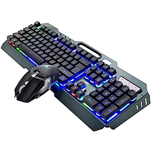 Wireless Gaming Keyboard and Mouse Combo, Rechargeable 16 Kinds RGB Backlit PC Gaming Keyboard Mouse w, Mechanical Feel Keyboard and 7 Color Gaming Mute Mouse for Windows Computer Gamers (Black)