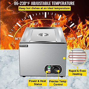 VEVOR Steam Table Warmer, 27 Qt Commercial, Full Size Countertop Food Warmer, Stainless Steel Electric, 1000W Buffet Food Warmer with Lid for Catering and Restaurant