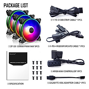 Zezzio 3PCS 120mm Addressable RGB PWM Case Cooling Fan for PC Cases with Controller(3pcs 12cm)