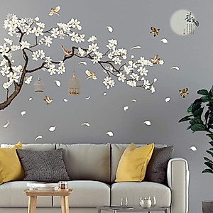 Bienstylife Peach Flower Wall Decals Tree Wall Stickers Peel and Stick Flower Wall Stickers Floral Murals for Living Room TV Background Kids Girls Room Bedroom 4 Sheets of 11.8"x35.4"