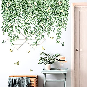 Green Leaf Wall Decals Hanging Vine Wall Sticker Plant Flower Wall Decal Butterfly DIY Removable Wall Stickers Peel and Stick Art Murals for Kids Baby Girls Nursery Bedroom Living Room