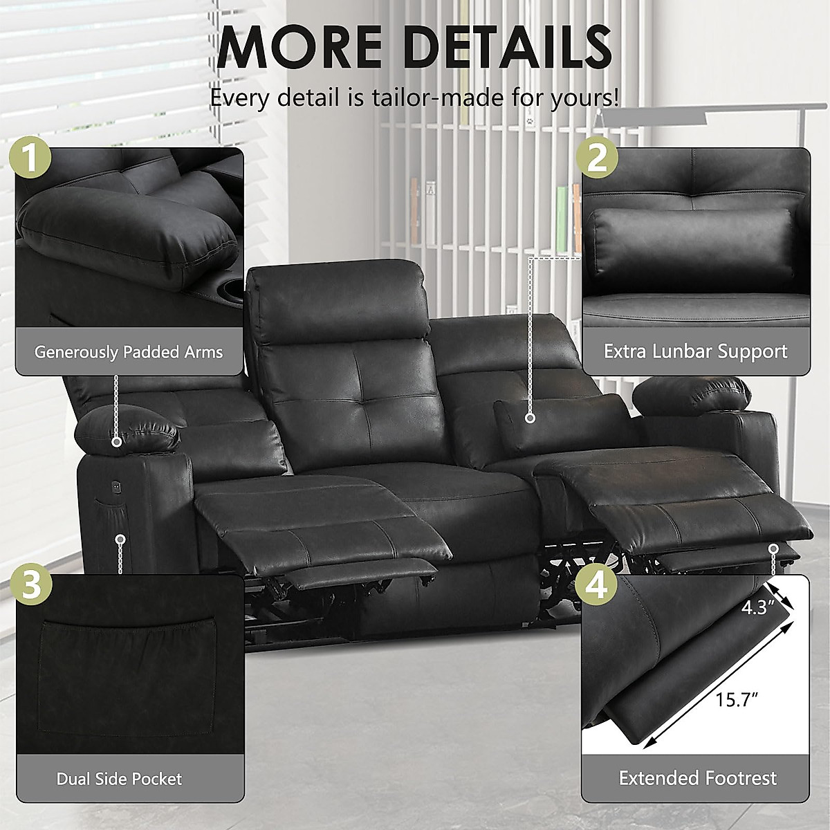 Consofa Power Recliner Sofa Set for Living Room, 2 Pieces Recliner Furniture Sofa Set, Power Reclining Sofa and Loveseat Set with Massage and Heat, Reclining Loveseat with Console for Living Room
