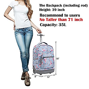SKYMOVE 18 inches Wheeled Rolling Backpack Multi-Compartment Elementary Books Laptop Roller Bag Short Trip Carry-on for Women and Girls, Light Blue Flowers