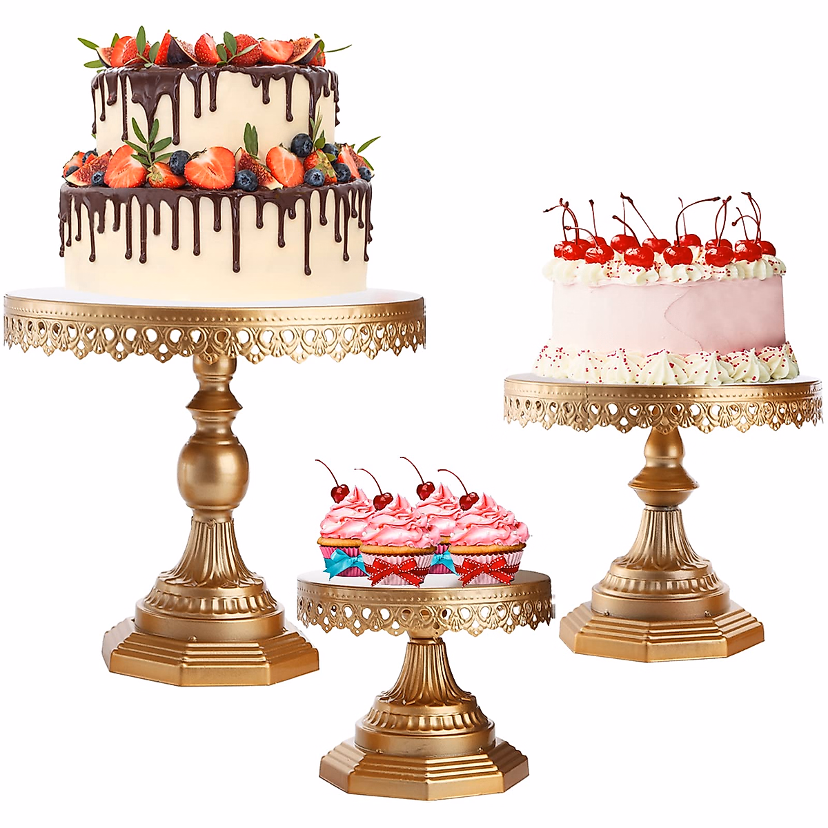 YOUEON Set of 3 Metal Gold Cake Stands, 8/10/12 Inch Round Metal Cupcake Display Stands, Dessert Stand Cake Stand for Dessert Table, Weddings, Birthday, Parties, Octangular Pedestal