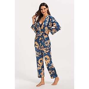 Escalier Women's Silk Satin Pajamas Set 3 Pcs Floral Silky Pj Sets Sleepwear Cami Nightwear with Robe and Pants Navy M