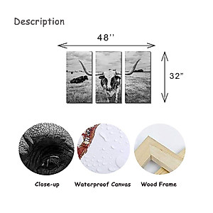 VividHome Texas Longhorn Bull Picture Cow Wall Decor Animal Canvas Print Black and White Farmhouse Wall Art for Living Room 32x48inch