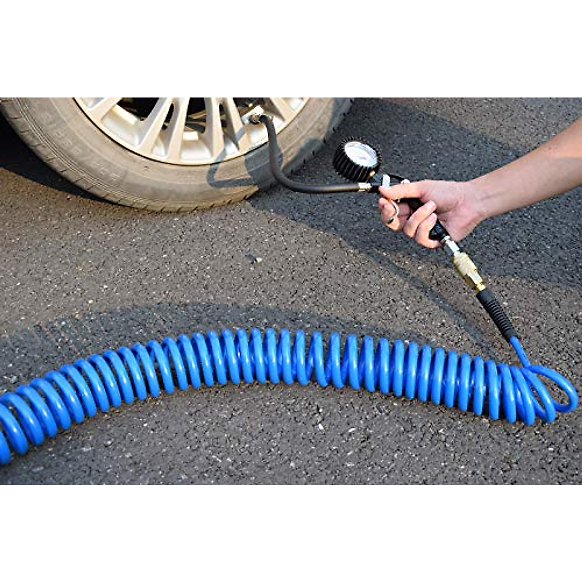 YOTOO Polyurethane Recoil Air Hose 1/4" Inner Diameter by 25' Long with Bend Restrictor, 1/4" Industrial Quick Coupler and Plug, Red+Blue. 2-Pack