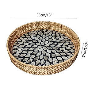 13 Inch Rattan Serving Basket with Shine MOP Black Flat Bottom, Handmade Wicker Coffee Table Serving Tray Décor Circle with 2 Inch Wall, Boho Round Woven Basket Tray for Ottoman, Vanity, Exxacttorch