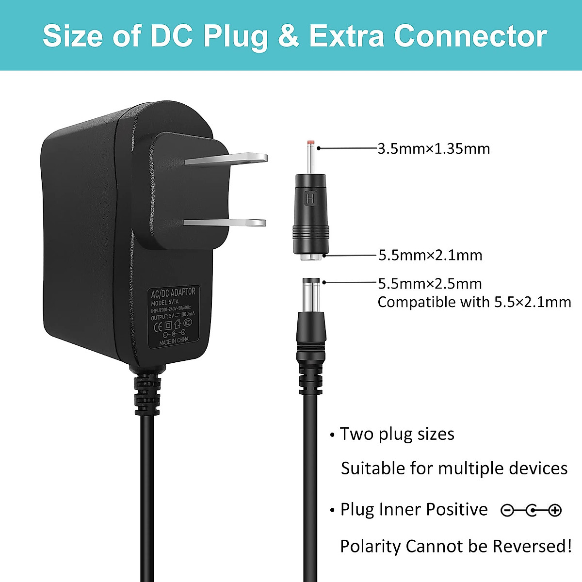 Snsnlent DC 5V 1A Power Supply 5W 5V 1000MA AC/DC Adapter 50/60hz Output DC 5V 1A Power Adapter with 3.5mm x 1.35mm Plug Male and 5.5x2.5mm DC Output Plug 5 Volt 1 Amp Power Supply Adapter