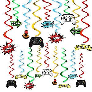 Watercolor Video Game Hanging Swirl - 28 PCS Video Game Party Decorations for Boys Kids Game Theme Birthday Party Supplies Hanging Whirls Streamer Spiral Garlands Ceiling Decor