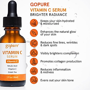 goPure Vitamin C Serum for Face - Radiance-Boosting Face Serum for Glowing Skin, Formulated with Antioxidants Vitamin C and Ferulic Acid to Support more Even-Toned and Brighter-Looking Skin - 1 fl oz