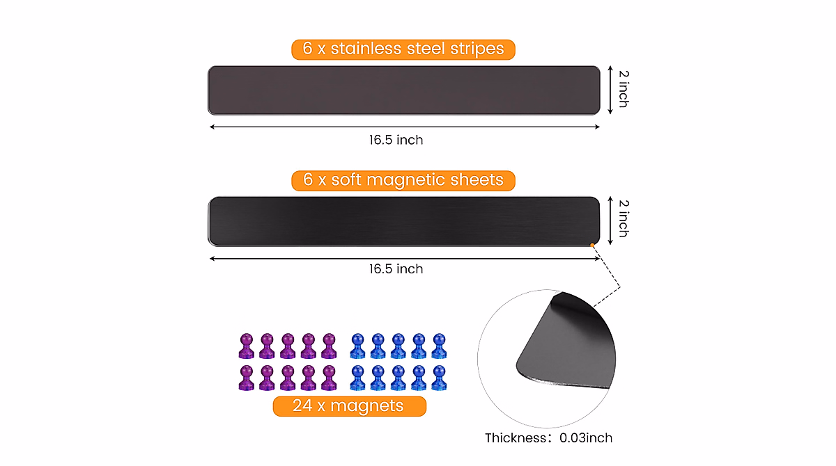 6 Writable Metal Magnetic Strips - Adhesive Kit Ready