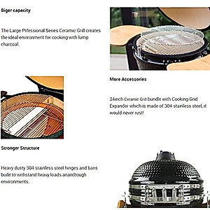 RJMOLU Large BBQ Grill, 24" Smoker Barbecue Grill with 2 Foldable Wooden Side Shelves, Quick Fire Lighter, Ceramic Barbecue for Picnic Garden Terrace Camping Travel