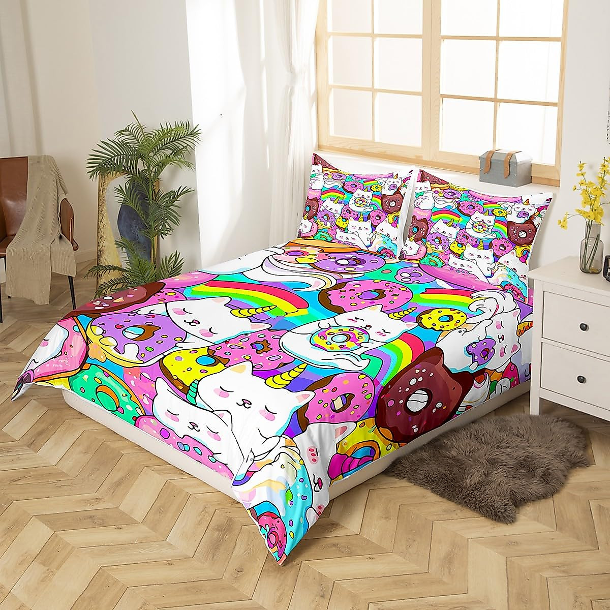 Feelyou Girls Unicorn Bedding Set for Kids Children Cute Dreamy Cat Print Comforter Cover Decorative Magical Kitten Animal Duvet Cover Cartoon Donuts Bedspread Cover Twin Size 2Pcs Bedclothes
