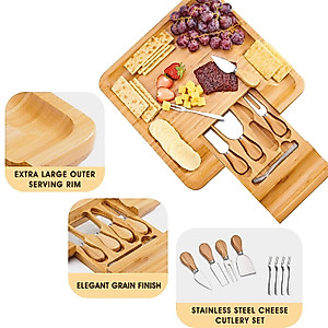 Utoplike Cheese Board Set, Bamboo Charcuterie Boards Server, Large Chacutery Platter Serving Tray with 4 Stainless Steel Knife Folks in Drawer, Perfect for Birthday, Housewarming