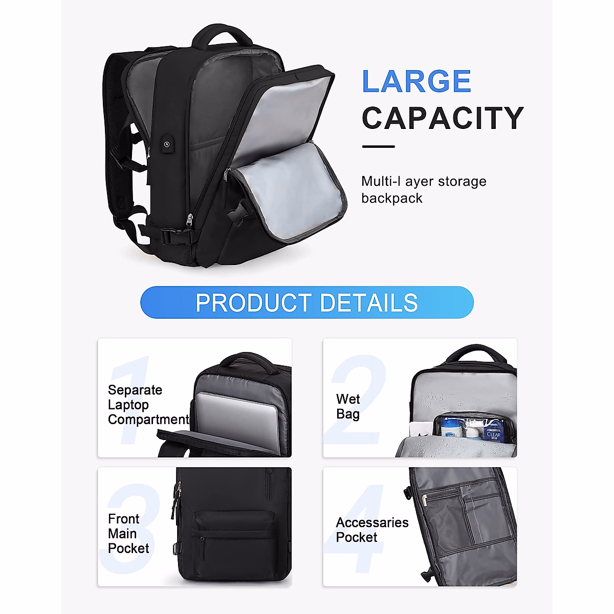 VECAVE Large Carry On Backpack for Women Men,Travel Backpack, Airline Approved Backpack Fit 17 Inch Laptop with USB Charging Port (Black)