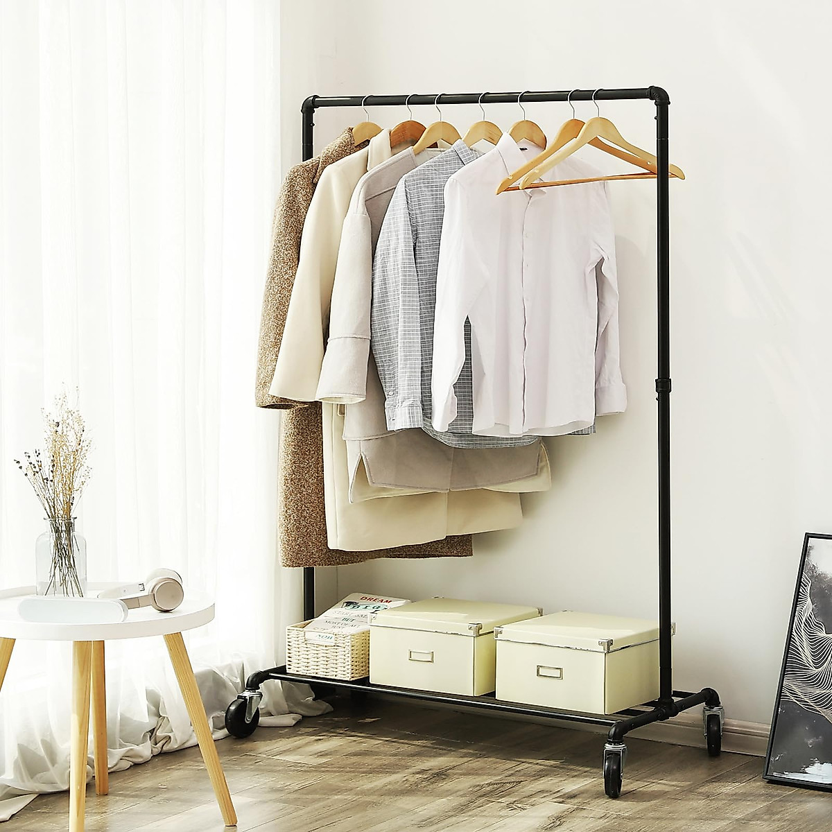 SONGMICS Heavy-Duty Clothes Rack, Clothing Rack for Hanging Clothes, Industrial Garment Rack on Wheels, Metal Frame, 2 Casters with Brakes, Commercial Display, Black UHSR61BK