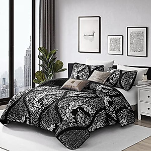 Black Quilt Set King Size, Boho Damask Bedspread Coverlet Set Soft Lightweight Microfiber Bedding Set 3 Pieces for All Season (104"x90")