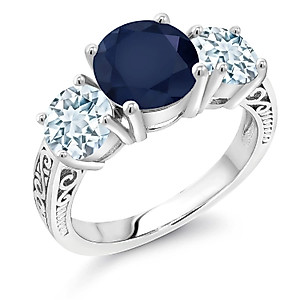 Gem Stone King 3.96 Cttw Blue Sapphire and Sky Blue Aquamarine 925 Sterling Silver 3-Stone Ring | 3 Stone Wedding Anniversary Promise Ring For Women | Available In Size 5, 6, 7, 8, 9