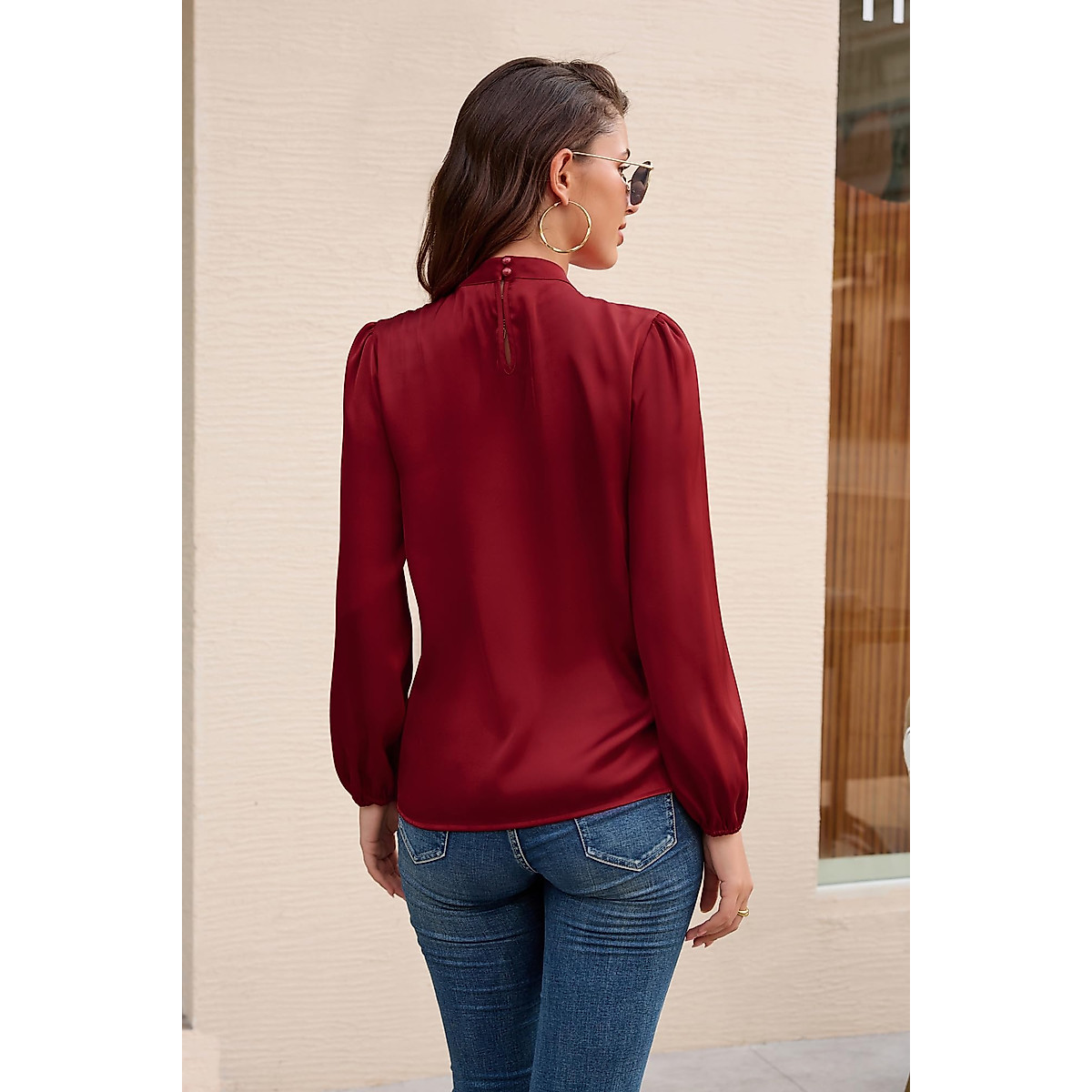 Ladies Workwear 2023 Trendy Summer Fall Mock Neck Lantern Long Sleeve Blouse Shirt Twist Front Top Wine Red XXL