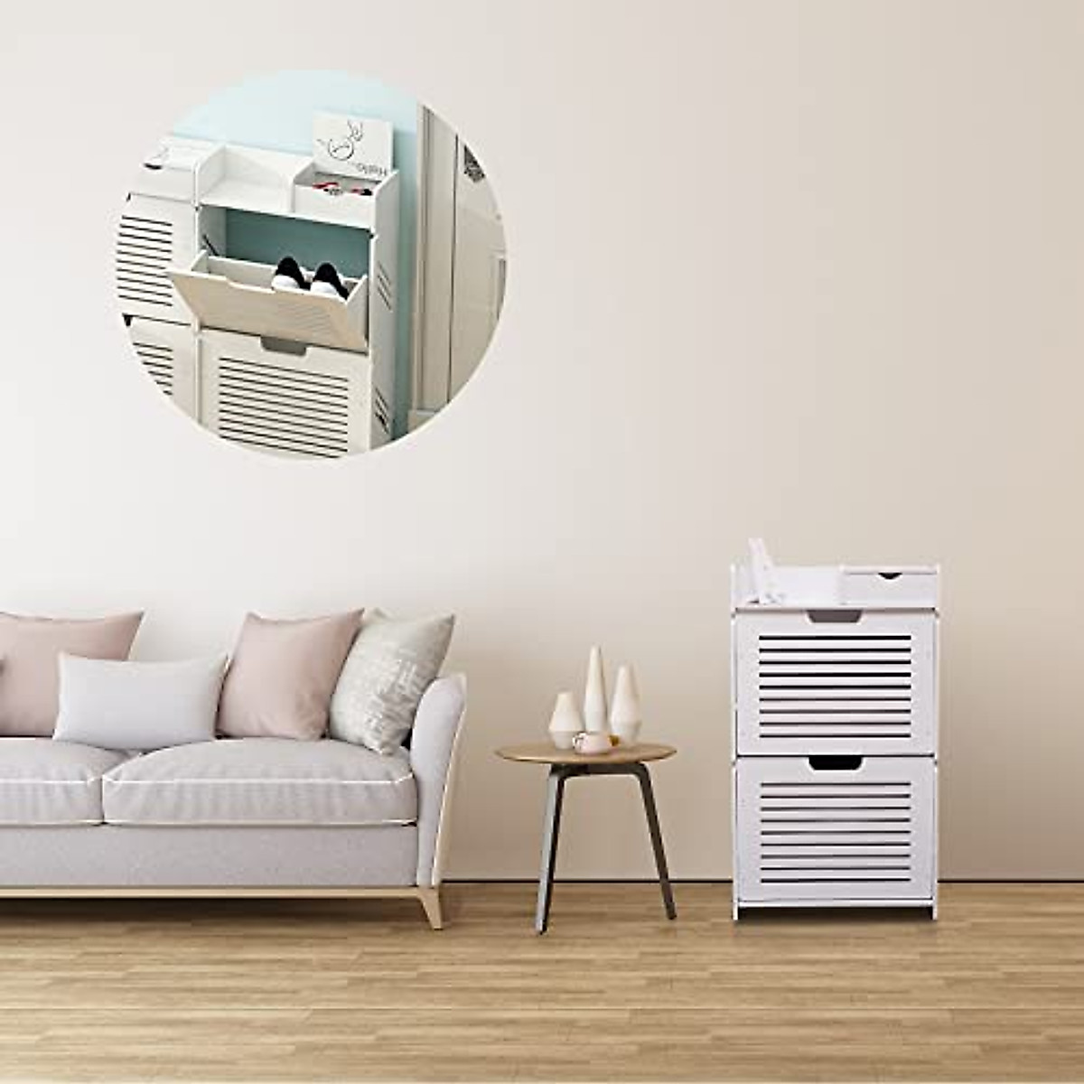 YIYIBYUS Shoe Cabinet Multifunctional Narrow Shoe Rack 2 Tier Modern Tipping White Shoes Cabinets Storage Organizer for Entryway Heels Slippers Storage