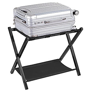 Heybly Luggage Rack Steel Folding Suitcase Stand with Storage Shelf for Guest Room Bedroom Hotel (Black, 2)