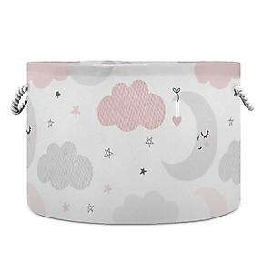 Round Storage Basket Bin Cute Moon Star Collapsible Waterproof Laundry Hamper Baby Nursery Basket Organizer with Handles for Bedroom Closet Toys Gifts