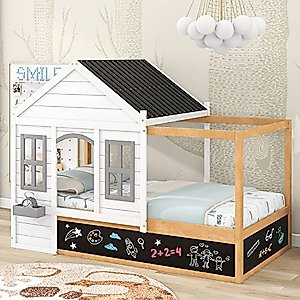 CKLMMC Twin Size House Shaped Canopy Bed with Black Roof and White Window,Blackboard Little Shelf, Wood Platform for Kids, Teens, Girls & Boys, Can Be Decorated (White#Canopy*H), House Canopy Bed
