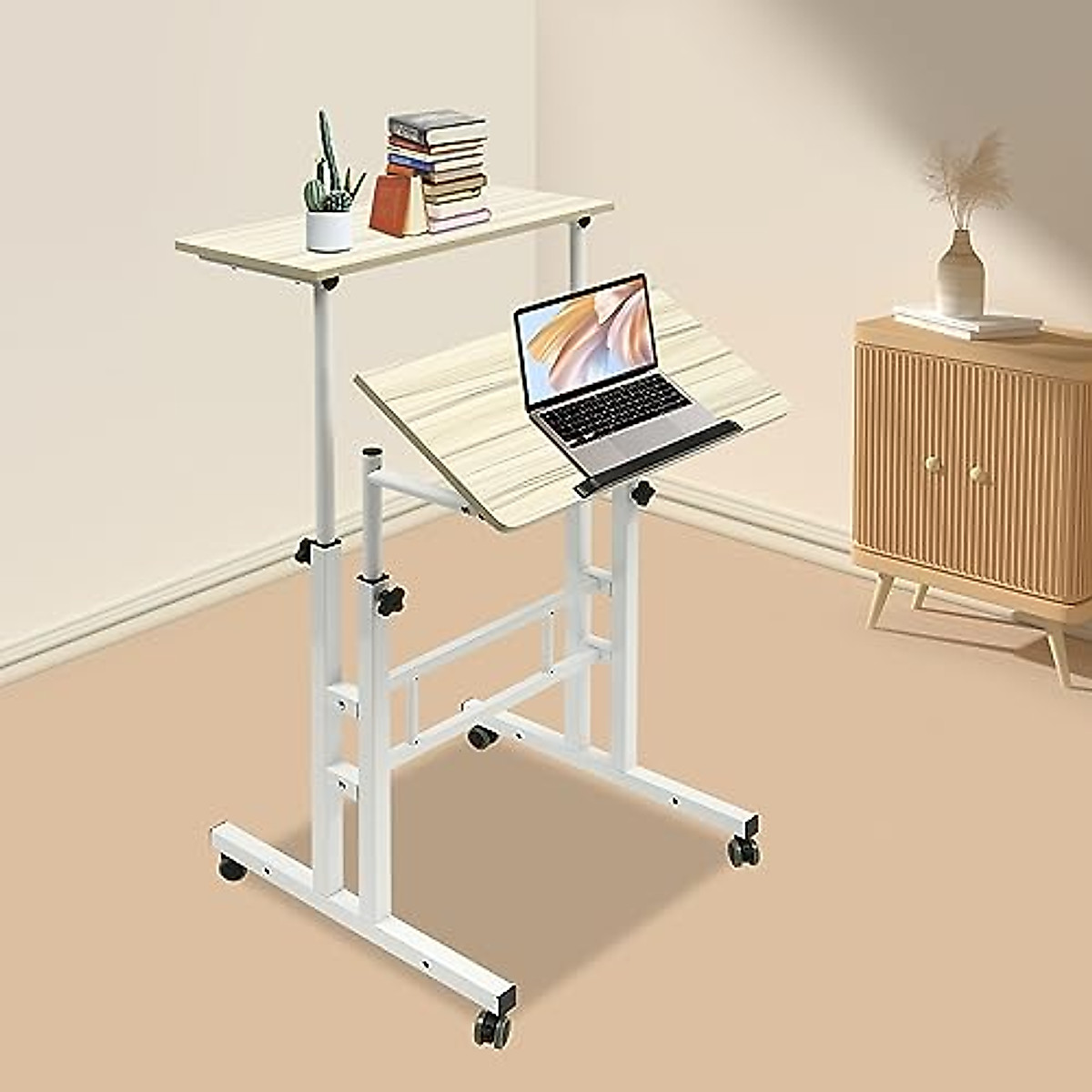 PaNeTnya Mobile Standing Desk,Adjustable Stand up Desk with Wheels,Portable Rolling Office Workstation Desk,Computer Desk Laptop Desk for Home Office Couch studyroom etc (Oak)