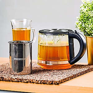 Ovente 27 Ounce Reusable Loose Leaf Tea Infuser Well Matched with Glass Tea Kettle KG612S, Portable Tea Maker with Cool Touch Handle & Easy to Flip Lid, Easy Clean Teapot with Free Scoop, Black FGK27B