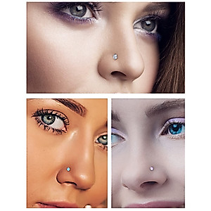 Kwoencxi 20G Nose Rings Stud Piercing Jewelry for Women 20 Gauge Surgical Stainless Steel Screw Twist Spiral L Shaped Bend Silver Nose Nostril Ring Stud Hook Piercing Jewelry Pack Set Men Diamond 2MM