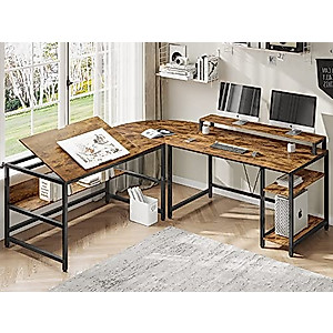 SEDETA L Shaped Desk, 68.9 inches Corner Computer Desk with Monitor Stand Riser, Drafting Drawing Table with Tiltable Desktop, Workstation Study Writing Table Art Desk for Home Office, Rustic Brown