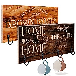 Personalized Wood Coffee Mug Holder w/Name & Text - 7"x18" - Customized Wall Mounted Cup Hooks for Kitchen Decor Gifts - Custom Glass Rack Organizer Wooden Sign Hanger - Kitchen Hanging Organizers C1