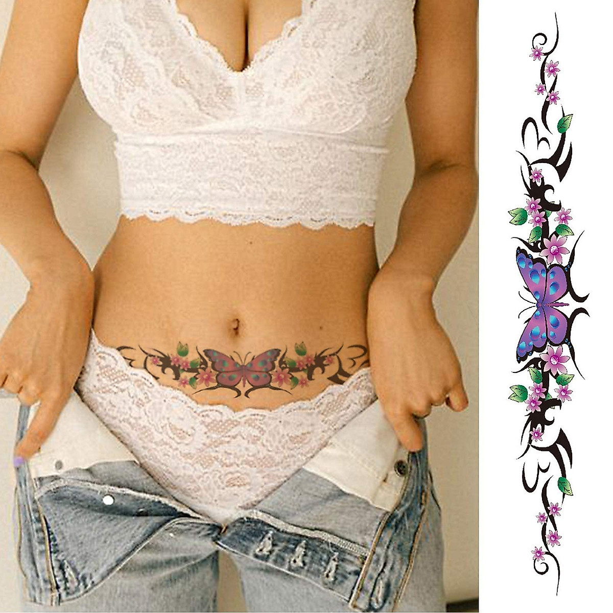 CARGEN Sexy Flower Temporary Tattoos - 10 Sheets Realistic Sexy Flowers Vine Butterfly Long Back Sleeves Tattoos for Women Girls Makeup Fake Tattoo Great for Waist Belly Back Spine Arm Leg Collarbone
