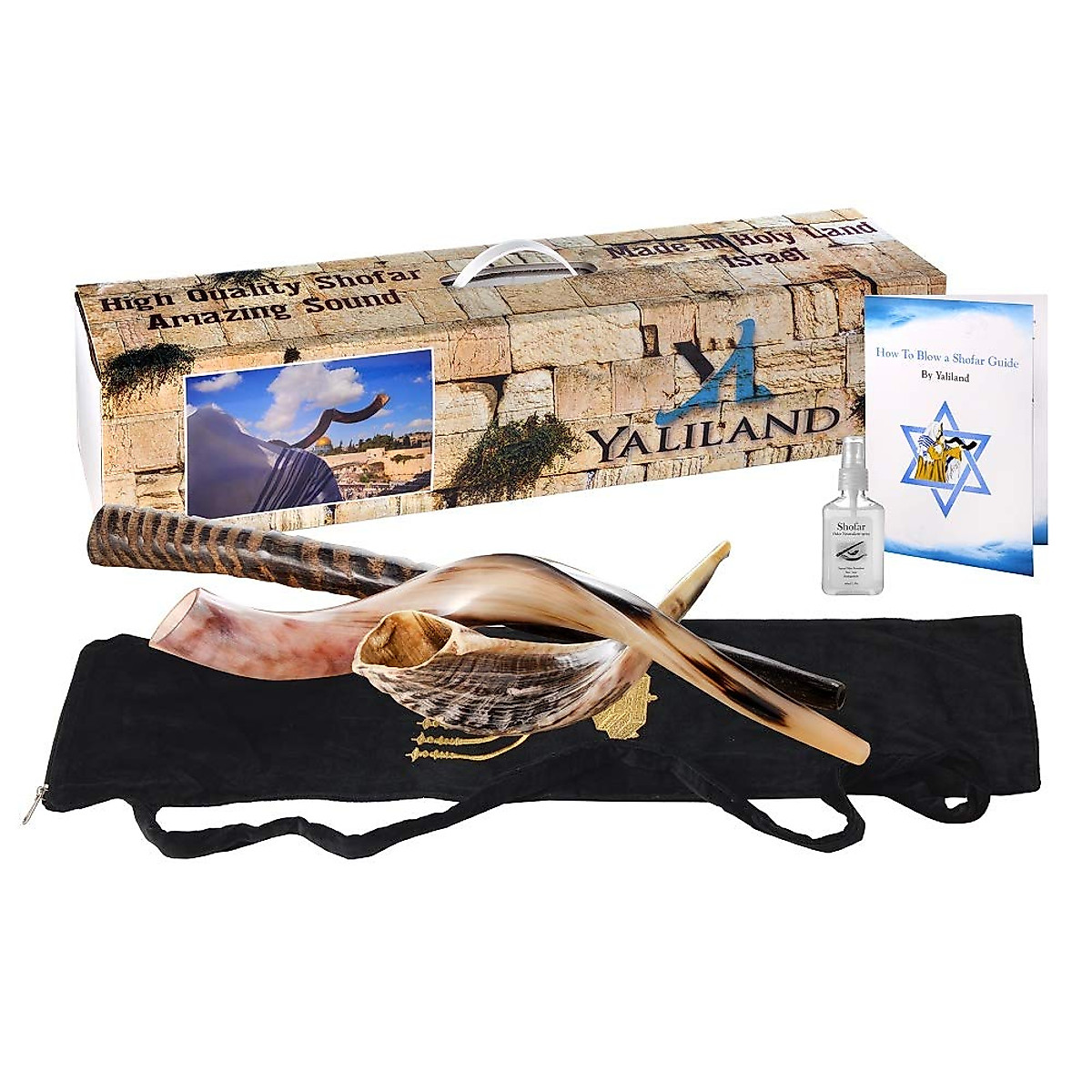 Shofar from Israel Set of 3 Horn : Kudu, Oryx, Ram + Bag + spray + Guide + Carrying case