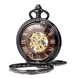 TREEWETO Mens Antique Dragon Mechanical Skeleton Pocket Watch Wooden Roman Numerals Dial Black Double Case Pocket Watches for Men