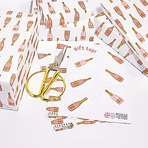 CENTRAL 23 White Wrapping Paper - 6 Sheets of Gift Wrap - and Champers - Elegant Wrapping Paper for Women - Pink Brown Bottles - For Party Bridal Shower - Comes With Fun Stickers