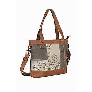 Mona B. Vintage Upcycled Canvas Shoulder Bag with Vegan Leather Trim (Vintage Script)