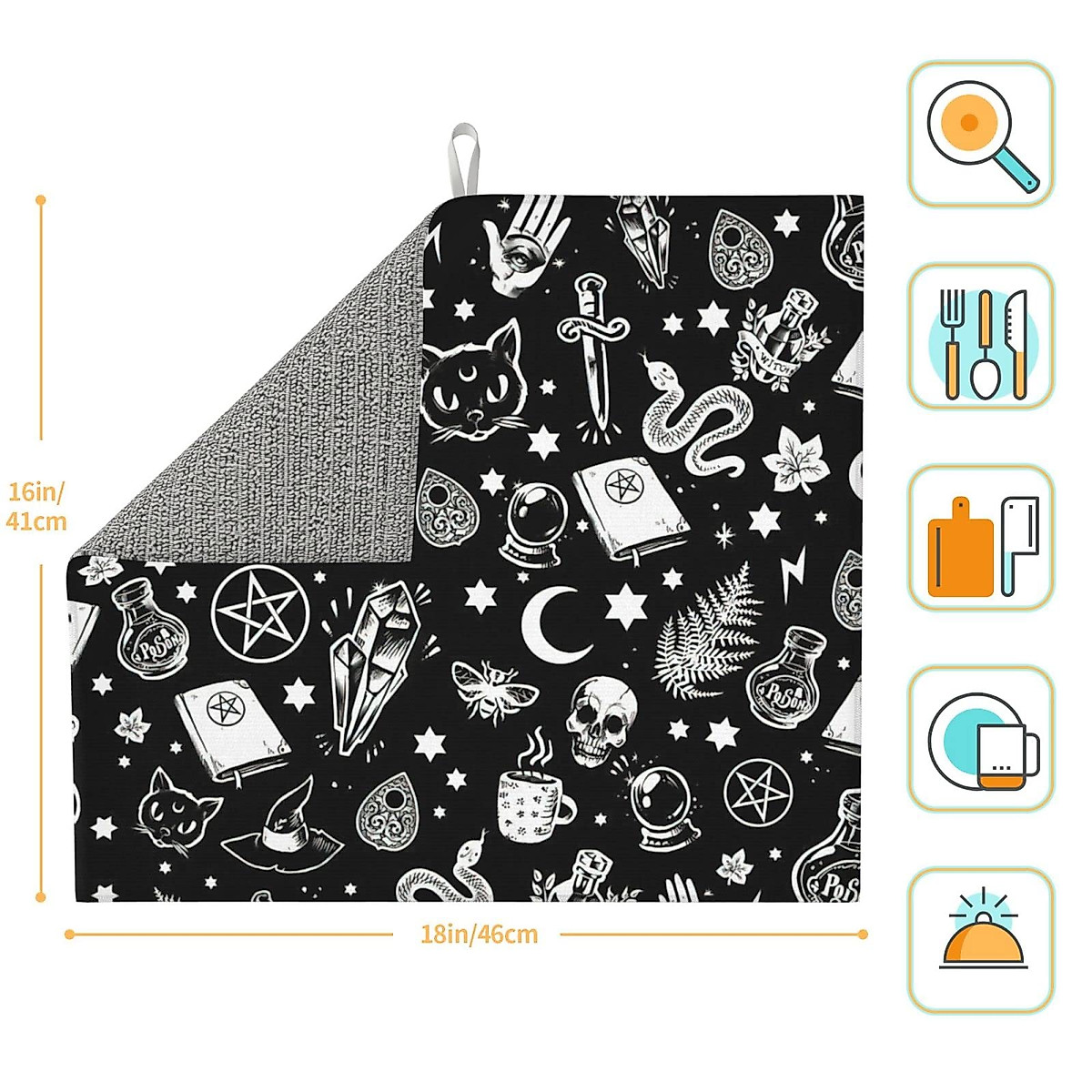 Dish Drying Mat For Kitchen Counter Skull Cat Moon Gothic Design Super Absorbent Microfiber Drainer Mat Extra Large Dishes Drainer Pad Kitchen Decor Accessories